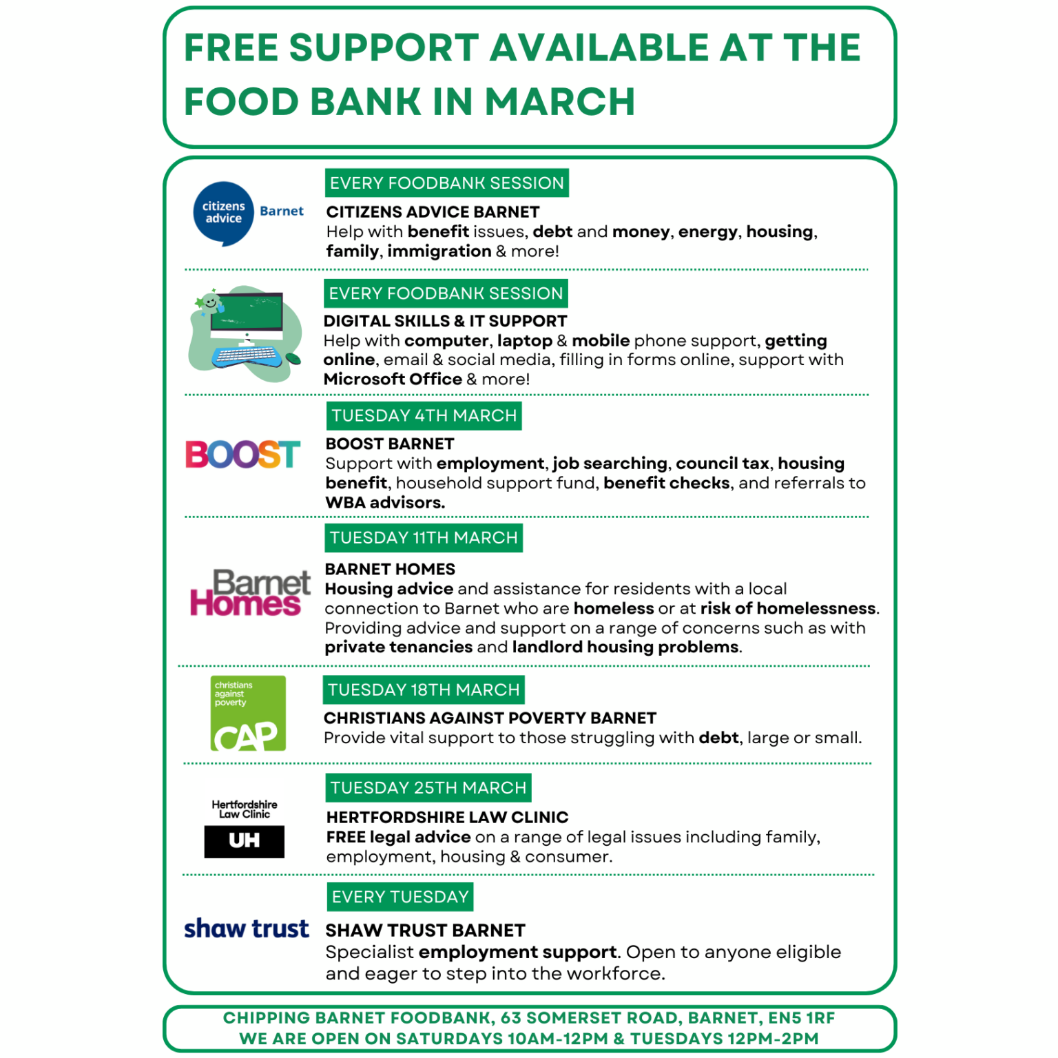 On-site support available in March 2025 | Chipping Barnet Foodbank