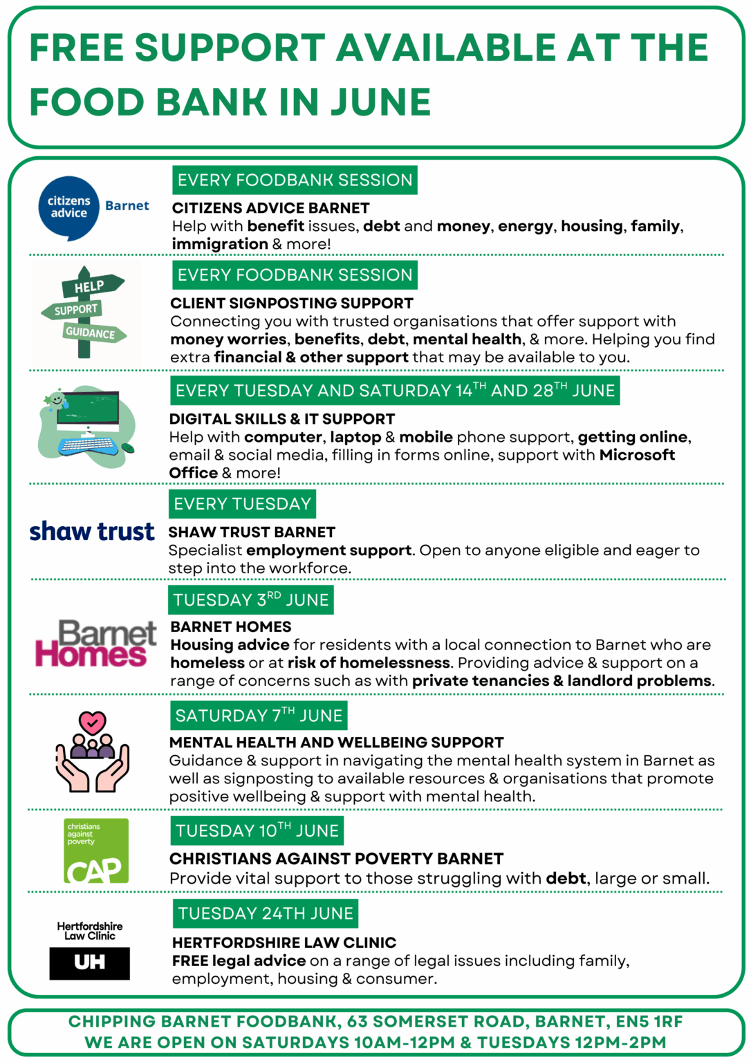 On-site support available in June | Chipping Barnet Foodbank